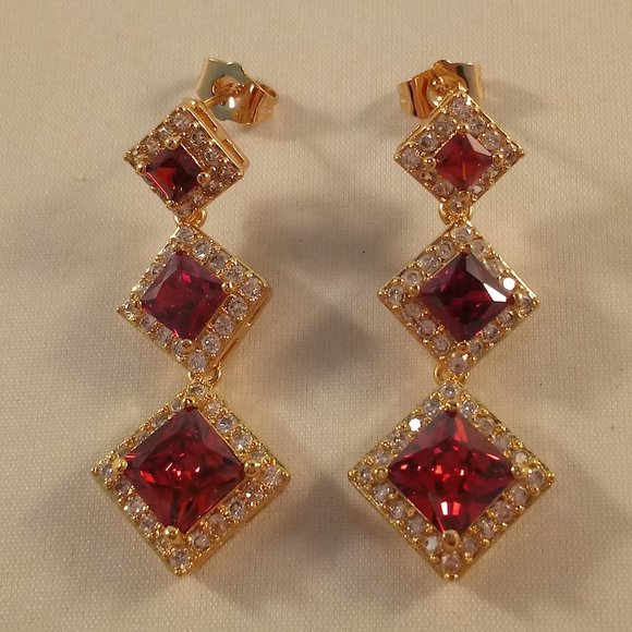 Jewelry | 18k Yellow Gold Filled Red Square Diamond Zircon Dangle Stud ...